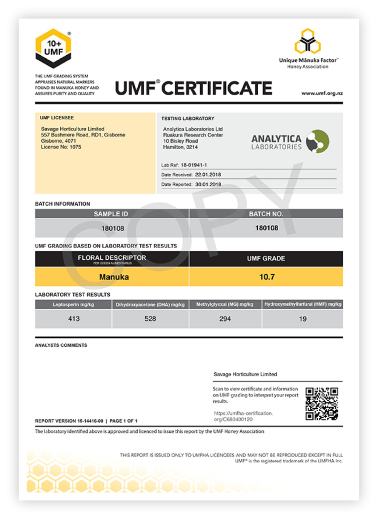UMF-Certificate – WildCape Manuka Honey